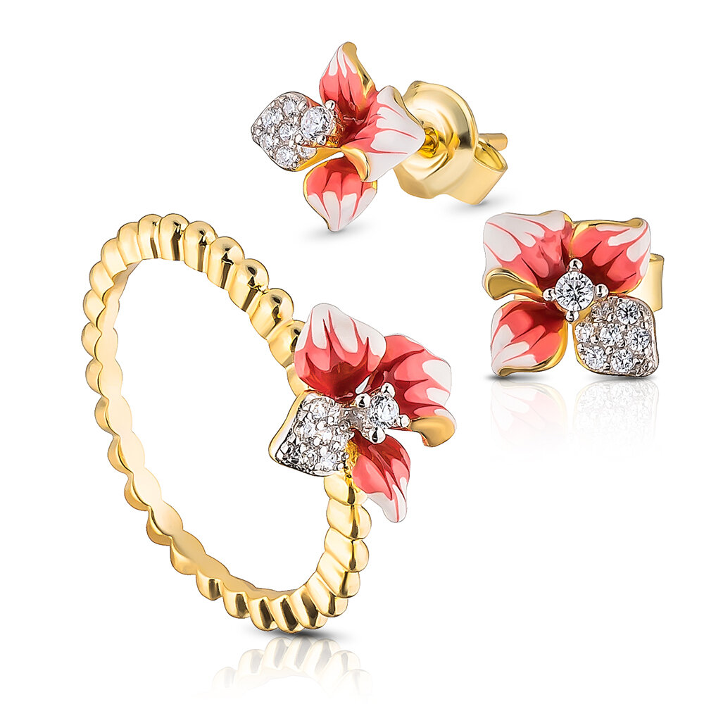 Ювелирный комплект: серьги, кольцо, серебро, 925 проба, эмаль, фианит