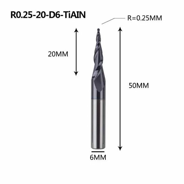 Dreanique конусная фреза по дереву (R0.25 L20 d6 покрытие TiAlN) P2BC-R0.25-20-H6 39680