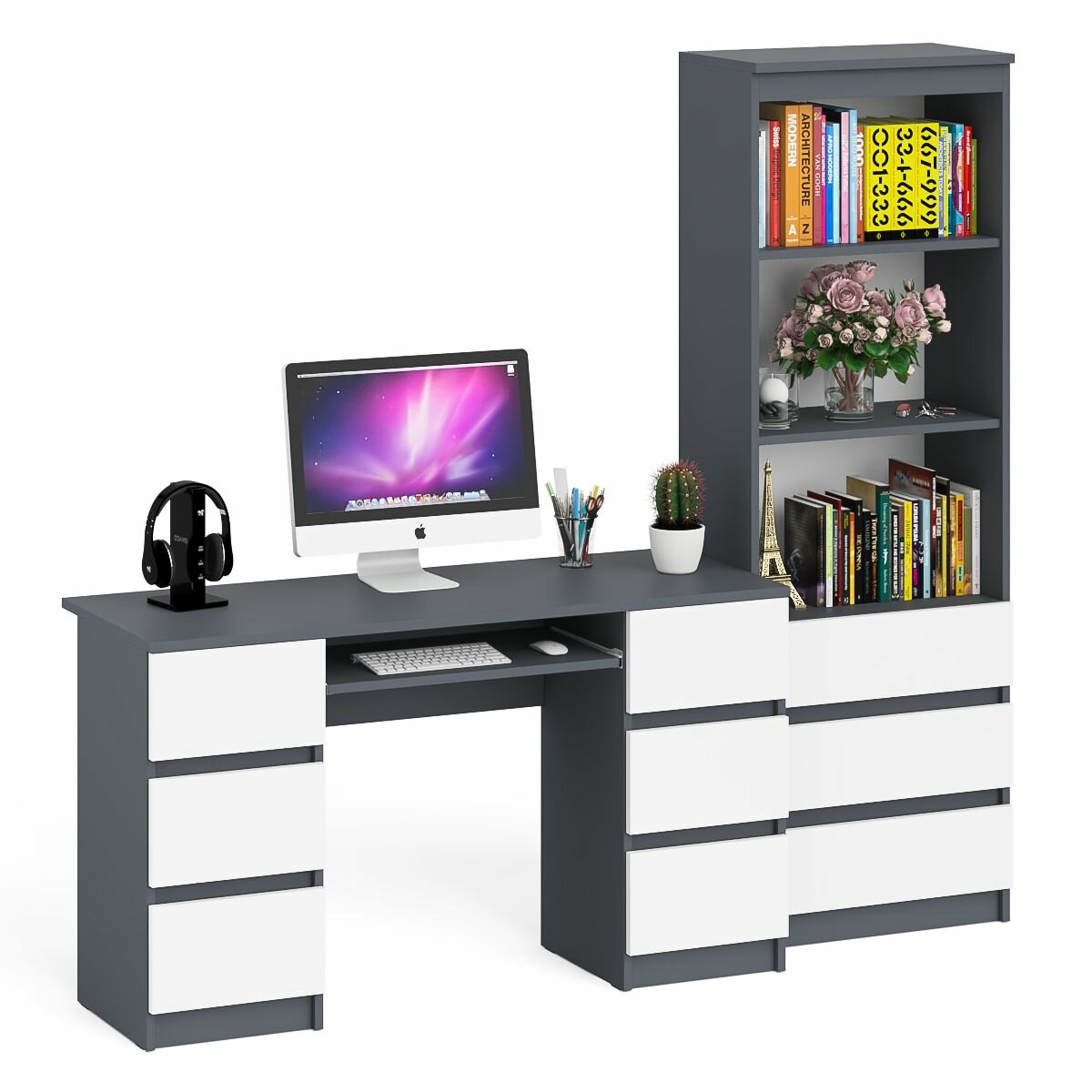 Стеллаж с ящиками и нишами СВК Мори МСТ1600 и стол компьютерный с шестью ящиками цвет графит/белый, 195,8х50х179,6 см.