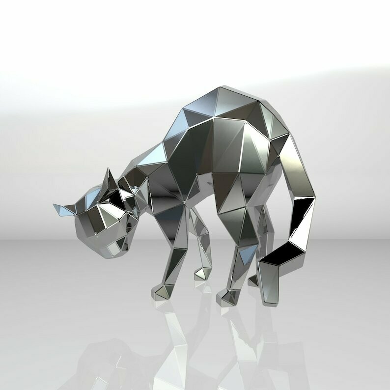 Полигональная фигура Кошка, геометрический полигональный металлический декор интерьера