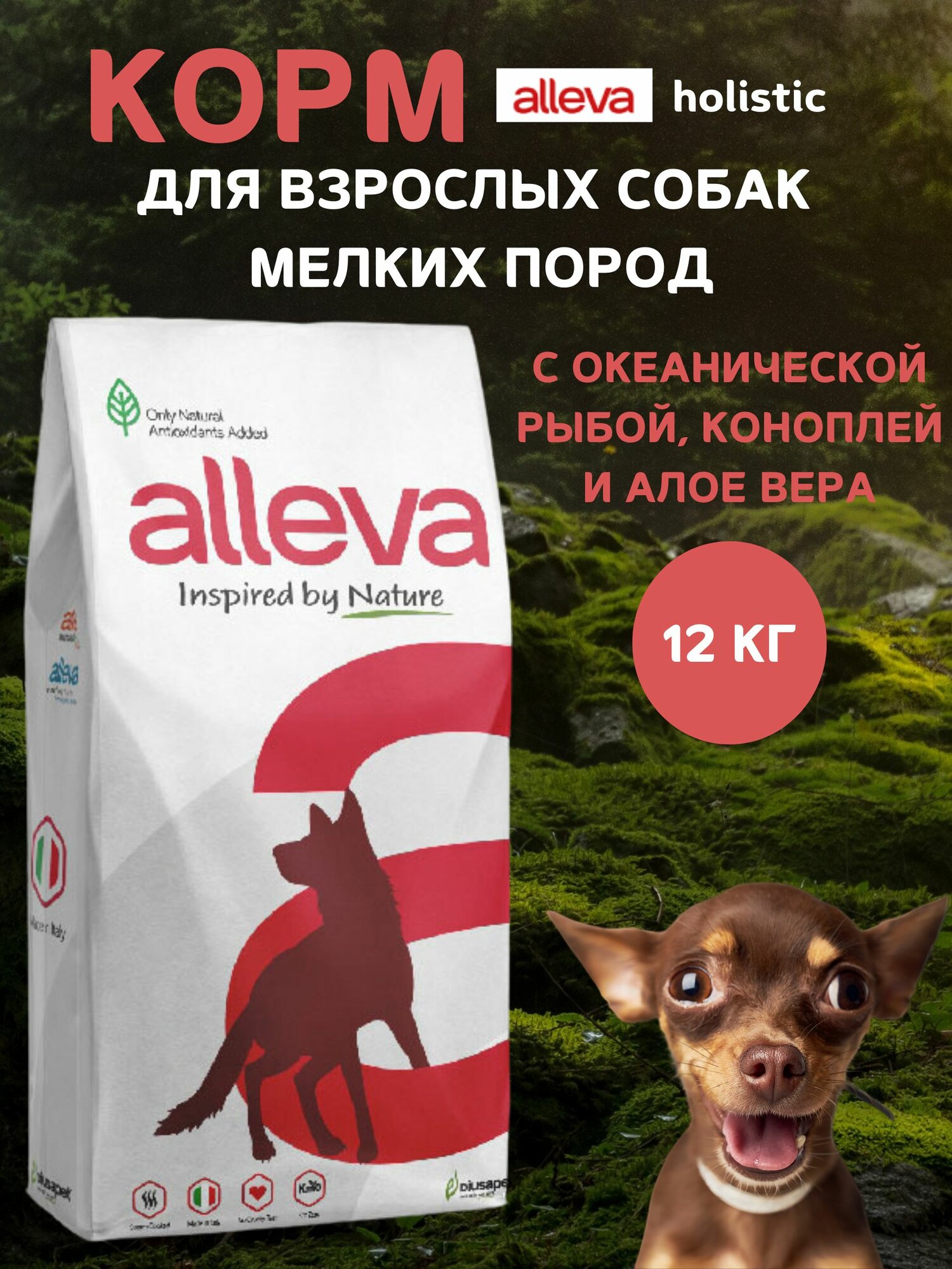 Корм Alleva Холистик для взрослых собак мелких пород с океанической рыбой, коноплей и алое вера, 12 кг