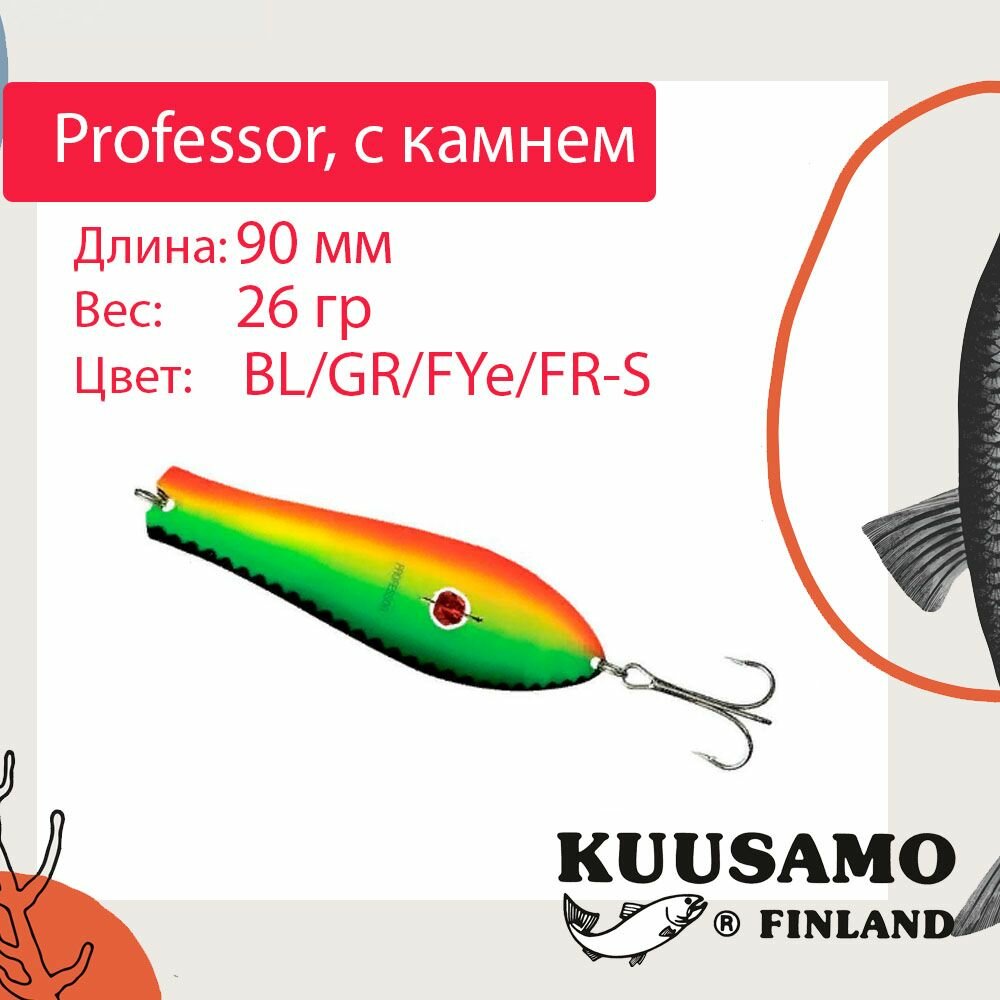 Блесна для рыбалки Kuusamo Professor 2, 90/26 с камнем, BL/GR/FYe/FR-S (колеблющаяся)