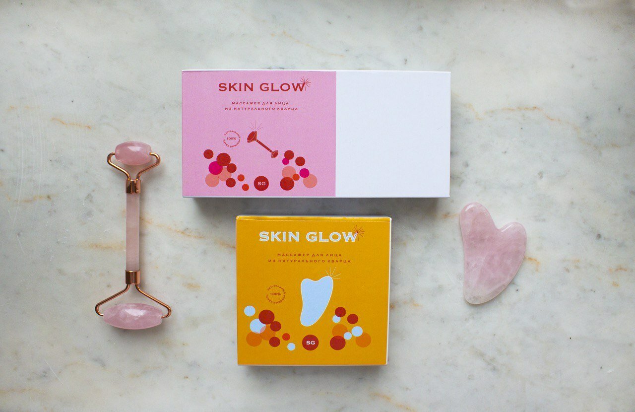 Набор SKIN GLOW роллер и скребок гуаша для лица из 100% натурального кварца