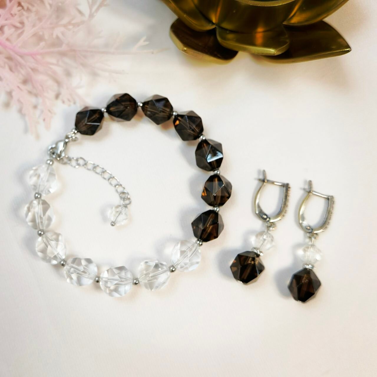 Комплект бижутерии: браслет, серьги, горный хрусталь, раухтопаз