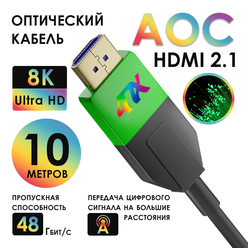 HDMI кабель оптический HDMI 2.1 8K 60Hz для PS5 Xbox X (4PH-H200) черный; зеленый 10.0м