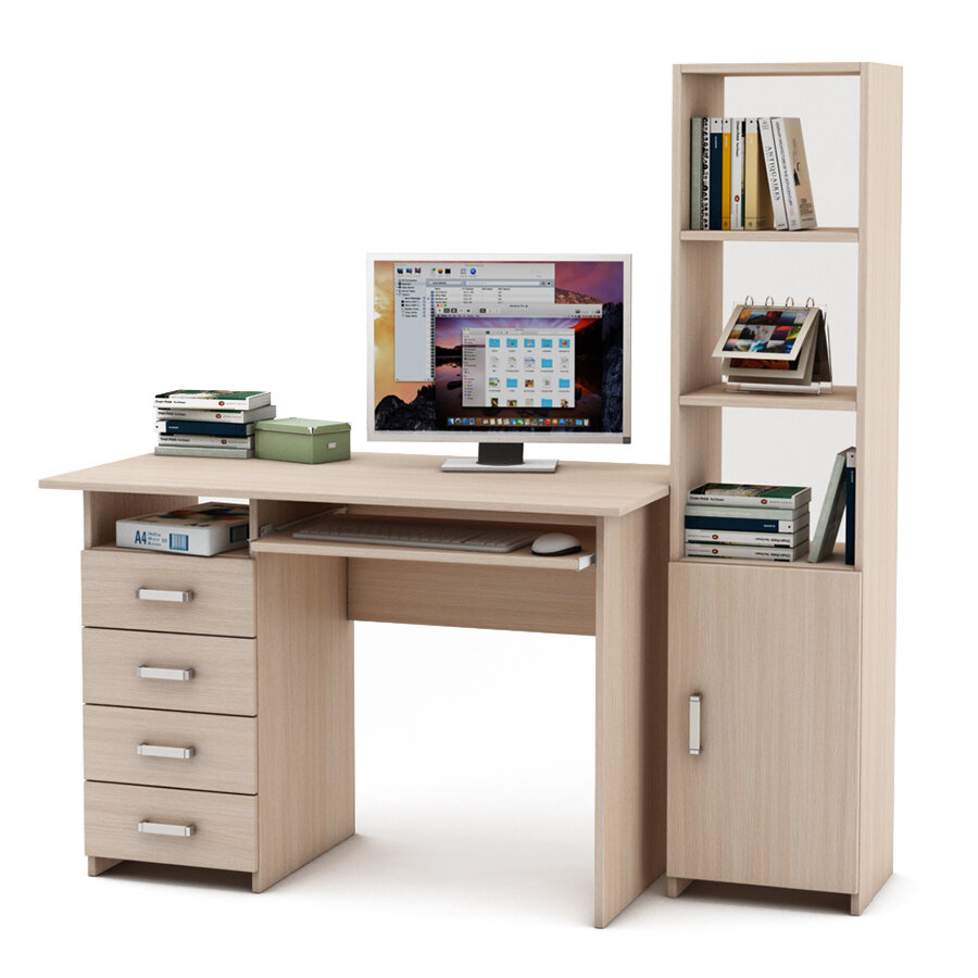 Стол письменный, компьютерный со стеллажом Лайт (Ньюкасл) 4К Дуб молочный