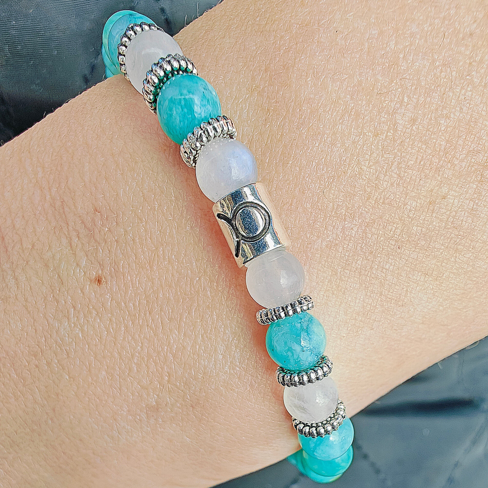 Плетеный браслет, амазонит, лунный камень