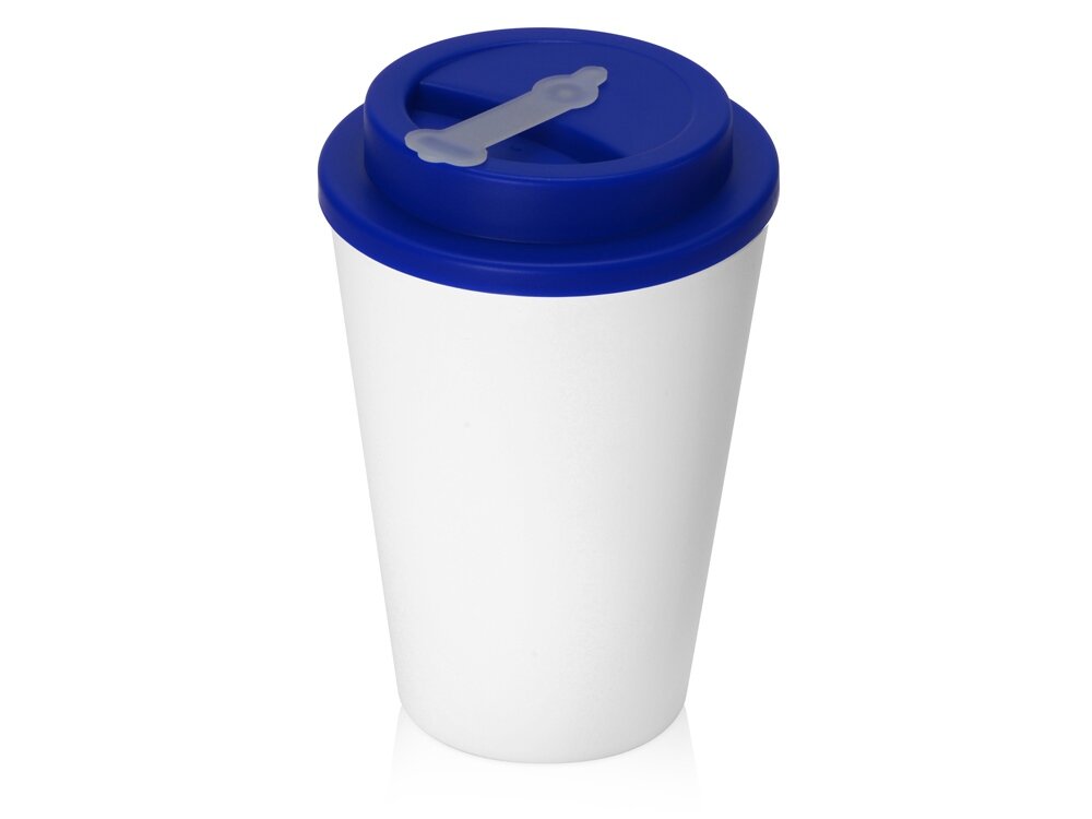 Пластиковый стакан "Take away" с двойными стенками и крышкой с силиконовым клапаном, 350 мл, цвет белый/темно-синий