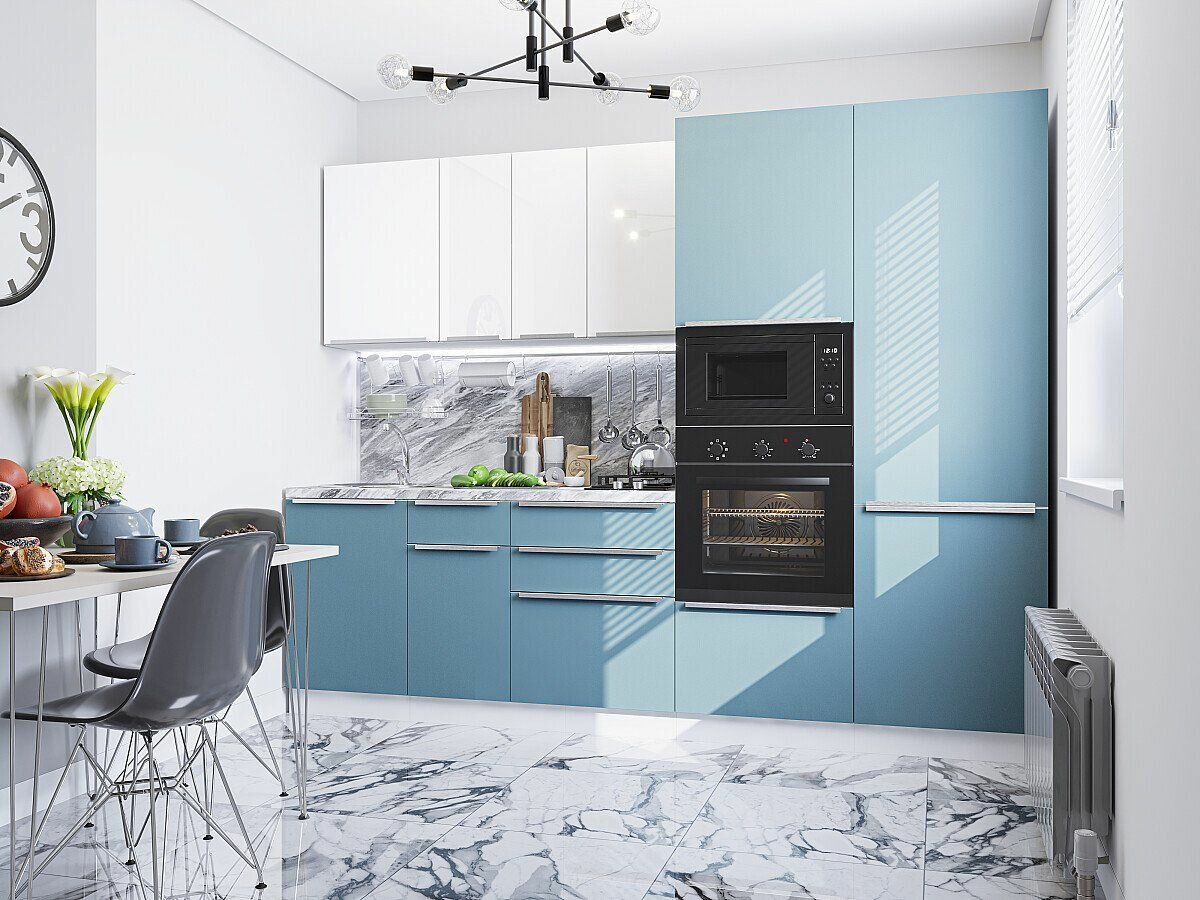 Кухня 2.7 метра мдф пластик Фьюжн-07, Готовый кухонный гарнитур со столешницей 2140*2700*600 Angel, Silky Blue