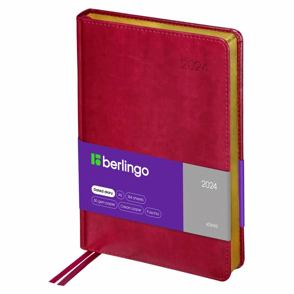 Ежедневник датированный 2024 Berlingo xGold, А5, 184 листа, в твердом переплетом из искусственной кожи с золотым срезом, фуксия