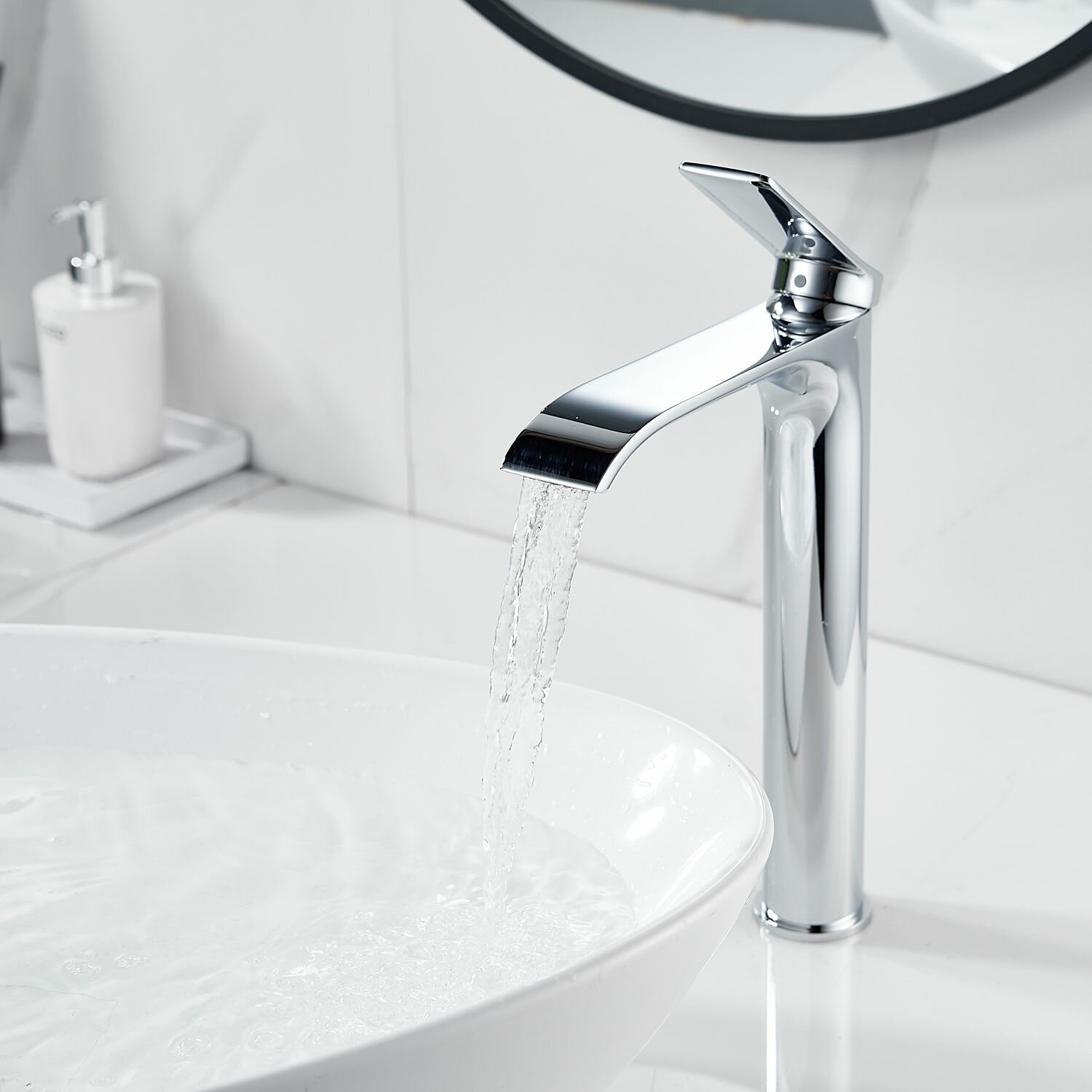 Смеситель высокий для накладной чаши раковины Shevanik с каскадным изливом