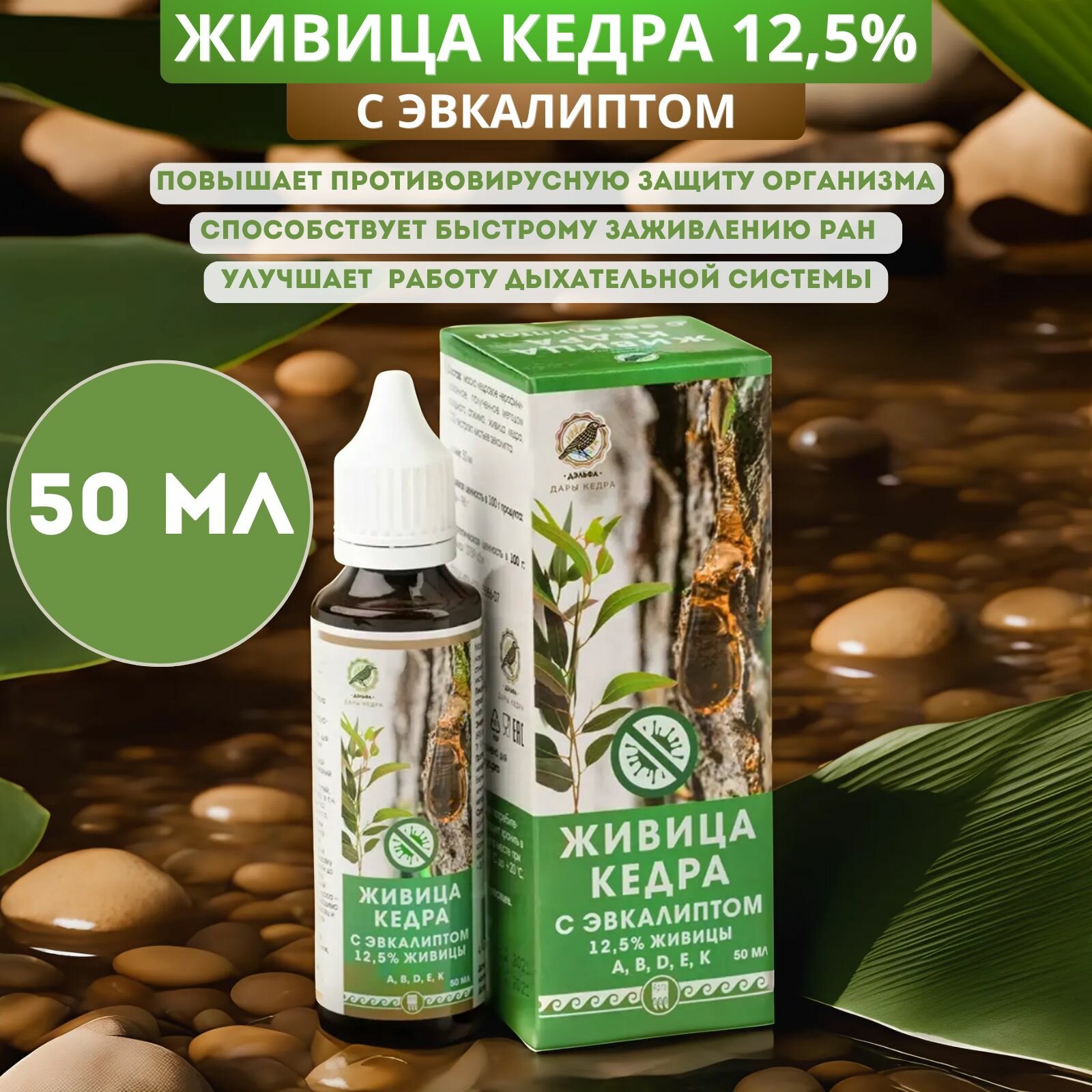 Живица кедра 12,5% с эвкалиптом, противовирусное, антибактериальное средство, 50 мл