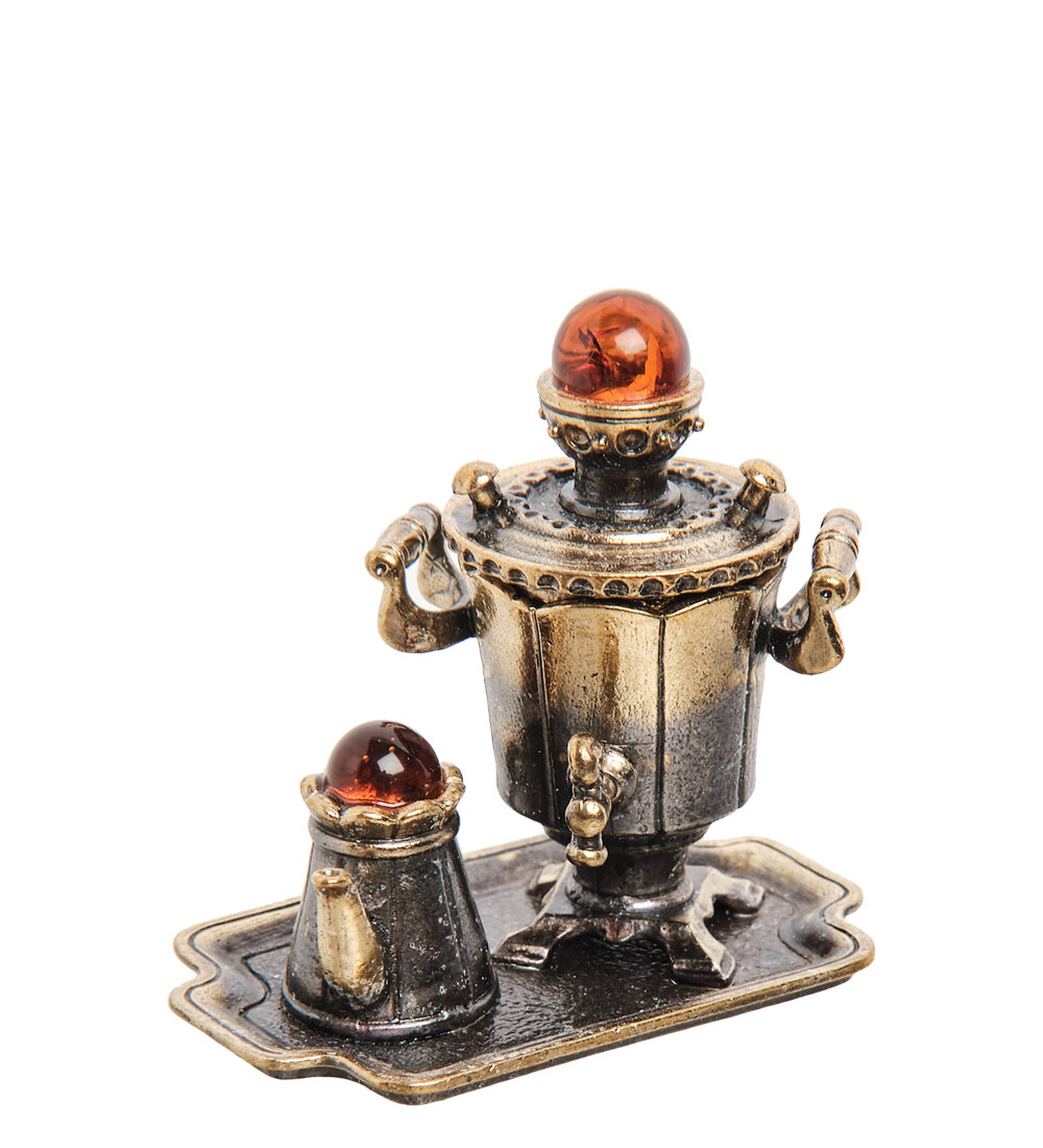 Фигурка 'Самовар-Чайный сервиз' (латунь, янтарь)
