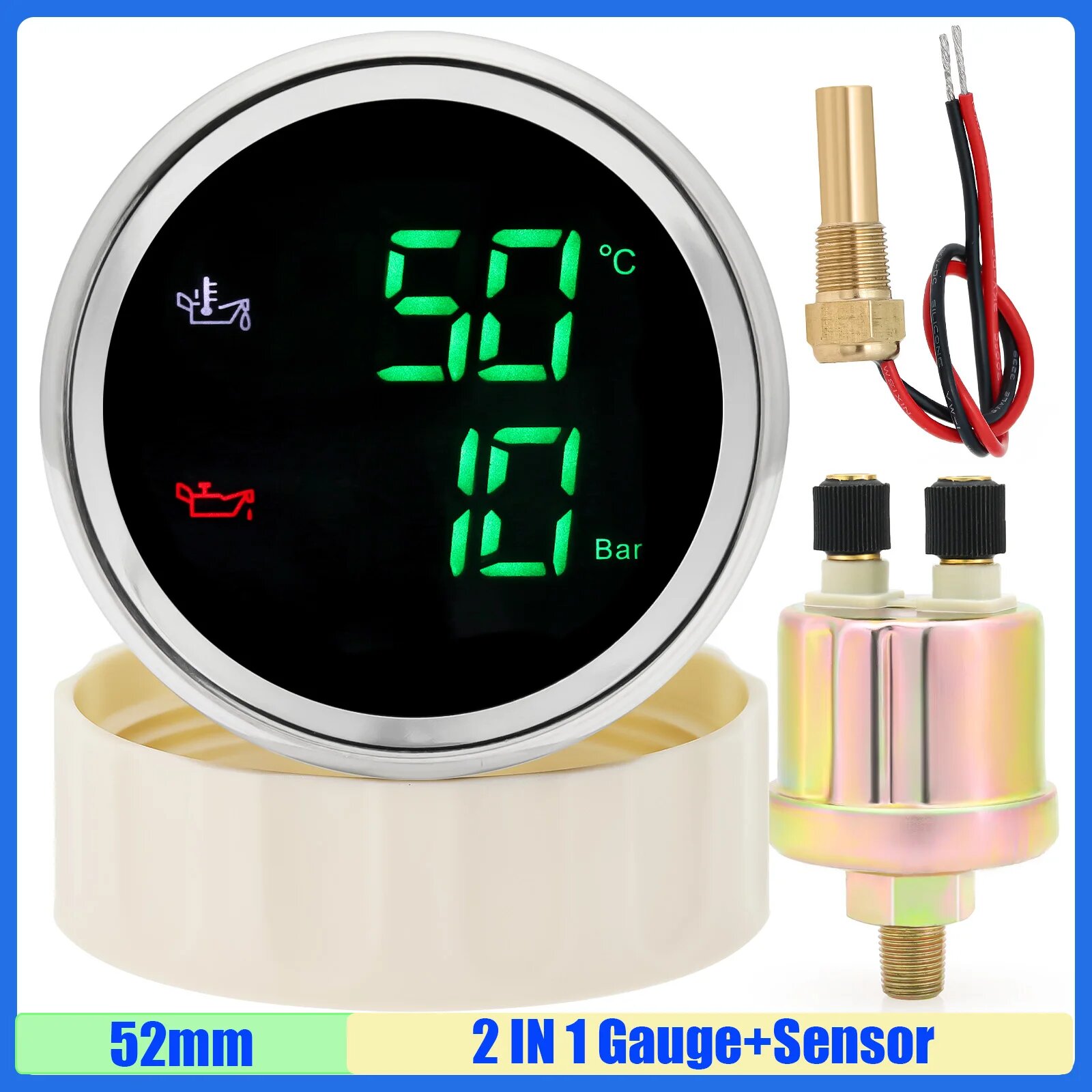 Зеленый, красный светодиодный цифровой датчик температуры масла 2 в 1 + манометр масла, Green LED BS