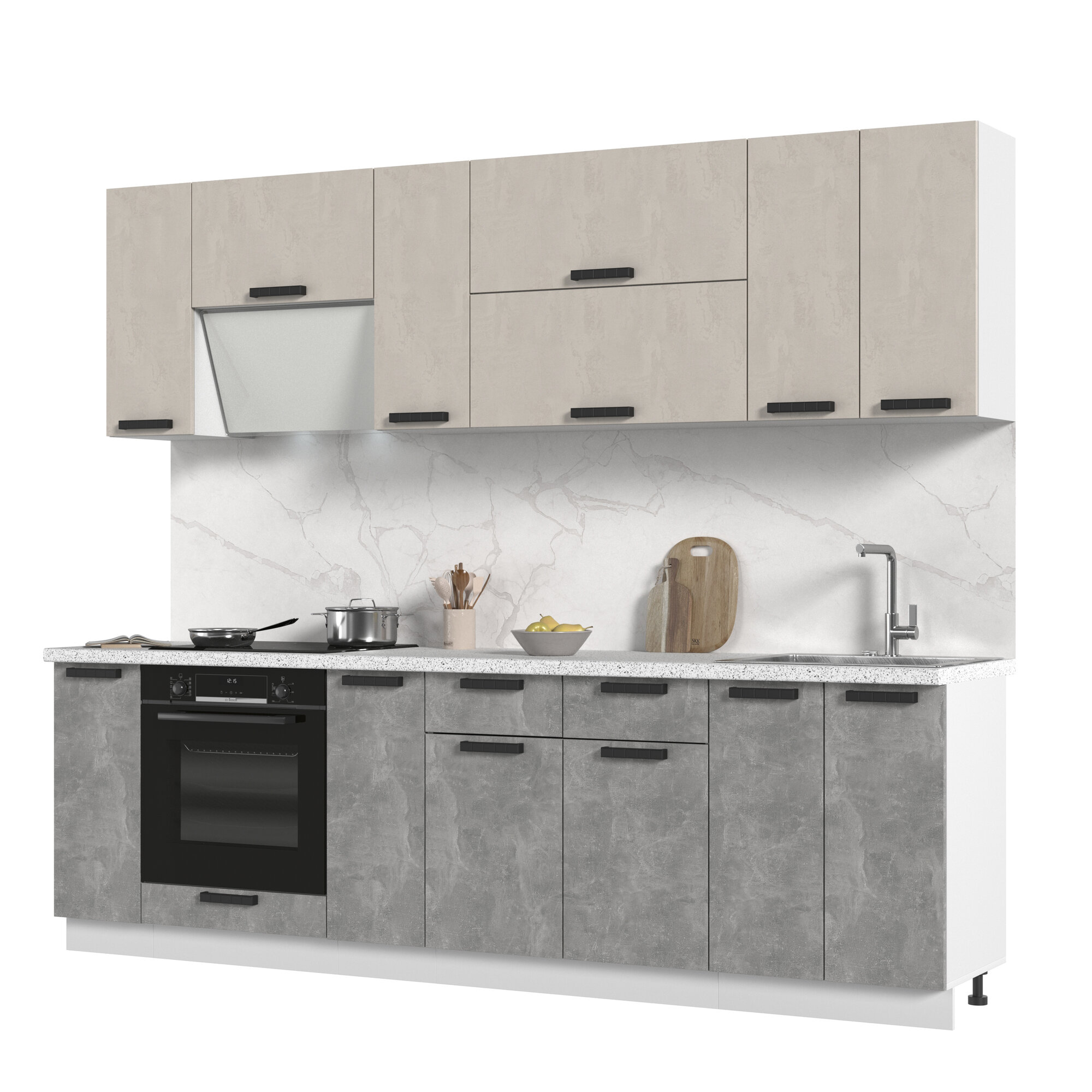 Кухонный гарнитур, без столешницы, Кухня Пасаденна, 260см Белый / Шелковый камень, Ателье Светлое