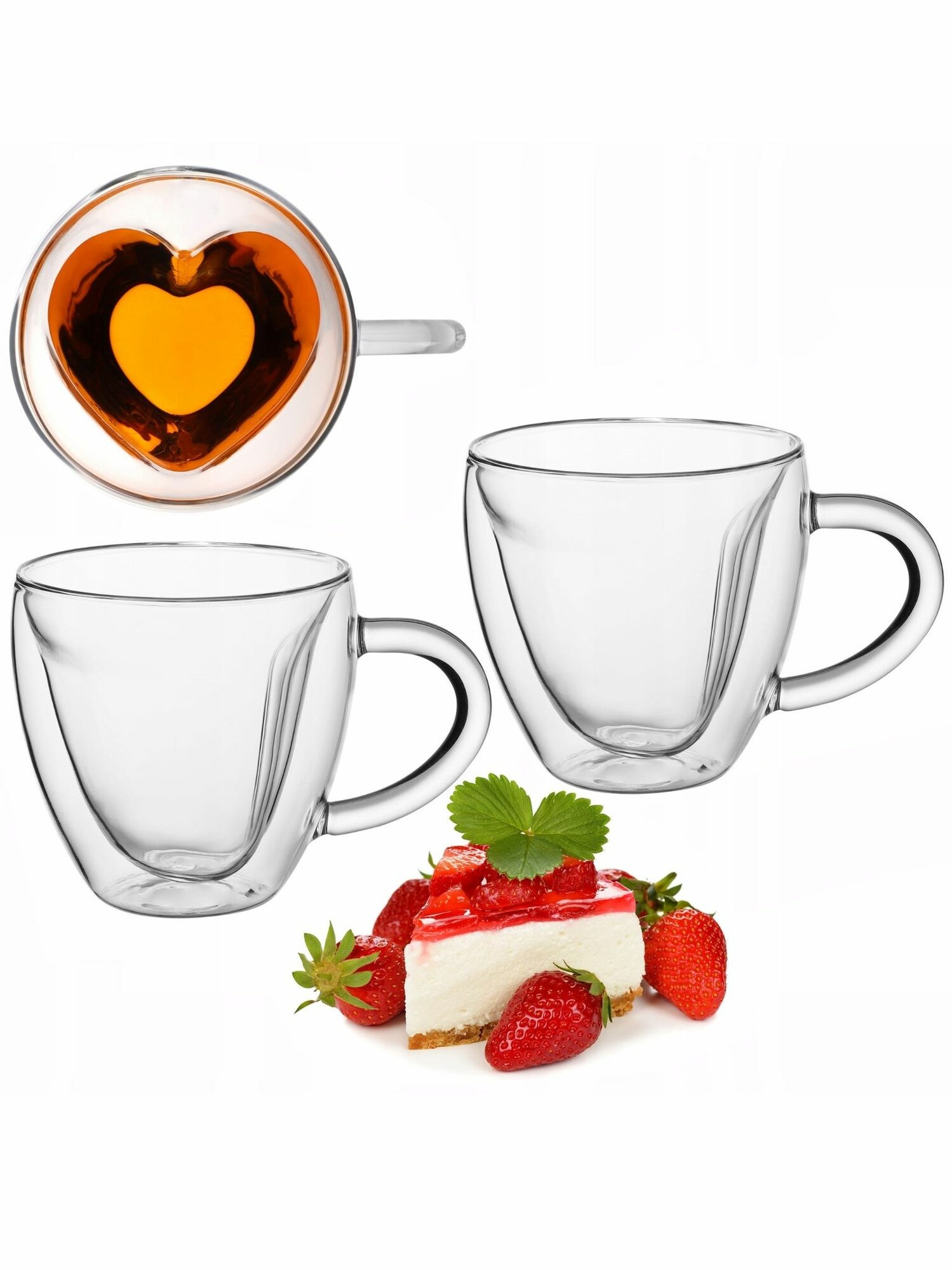 Набор чашек из двухслойного стекла 250 мл. 2 шт. (сердечко) KAMILLE.