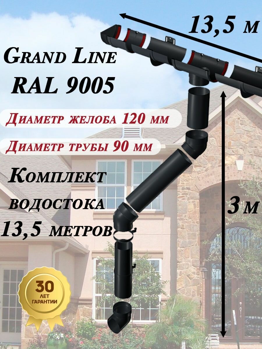 Водосточная система Grand Line 13,5 м ( 120мм/90мм ) черный водосток для крыши пластиковый Гранд Лайн ( RAL 9005 черный янтарь ) комплект ПВХ