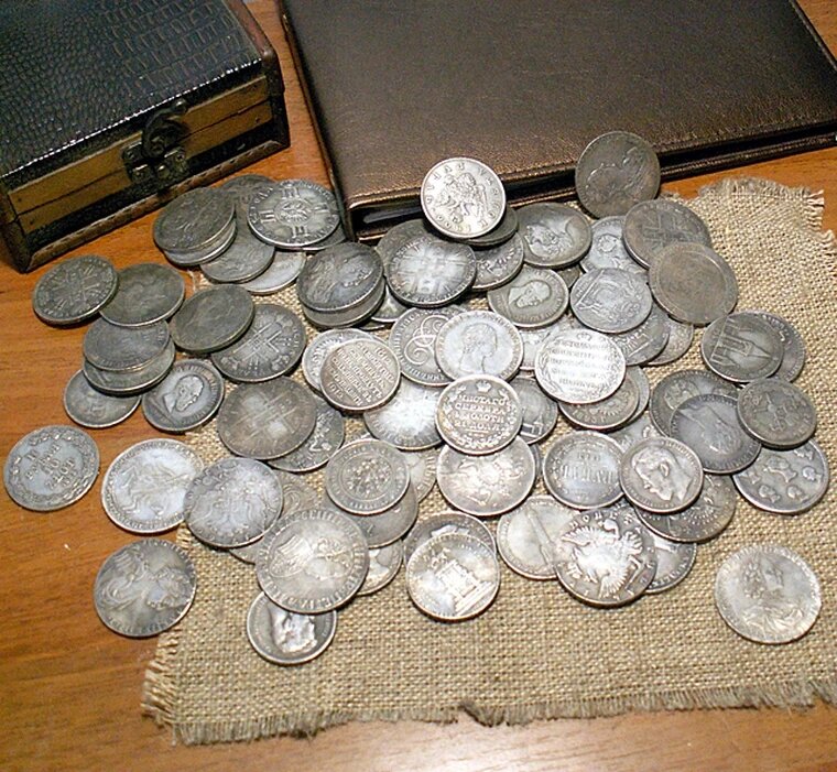 Царские рубли серебряные монеты в холщовом мешке 50 шт, антикварный набор в подарок сувенирная копия, банкноты и купюры редкие коллекционные