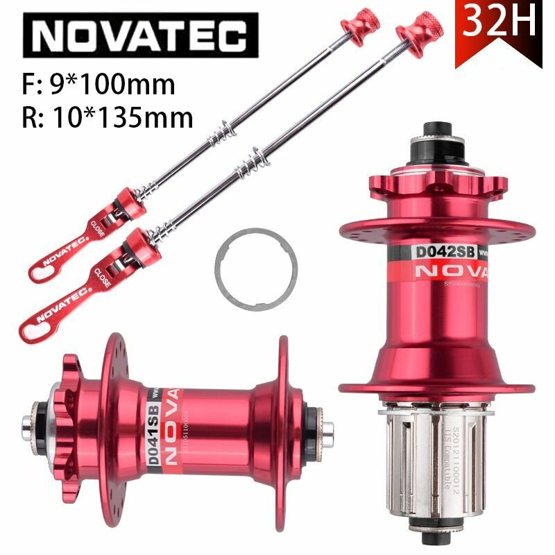 Ступица Novatec D041SB D042SB Дисковый тормоз MTB Подшипник ступицы для горного велосипеда QR, передний 9x100 мм / задний 10x135 мм 32 отверстия, совместимый со скоростью 8/9/10/11 (красный)