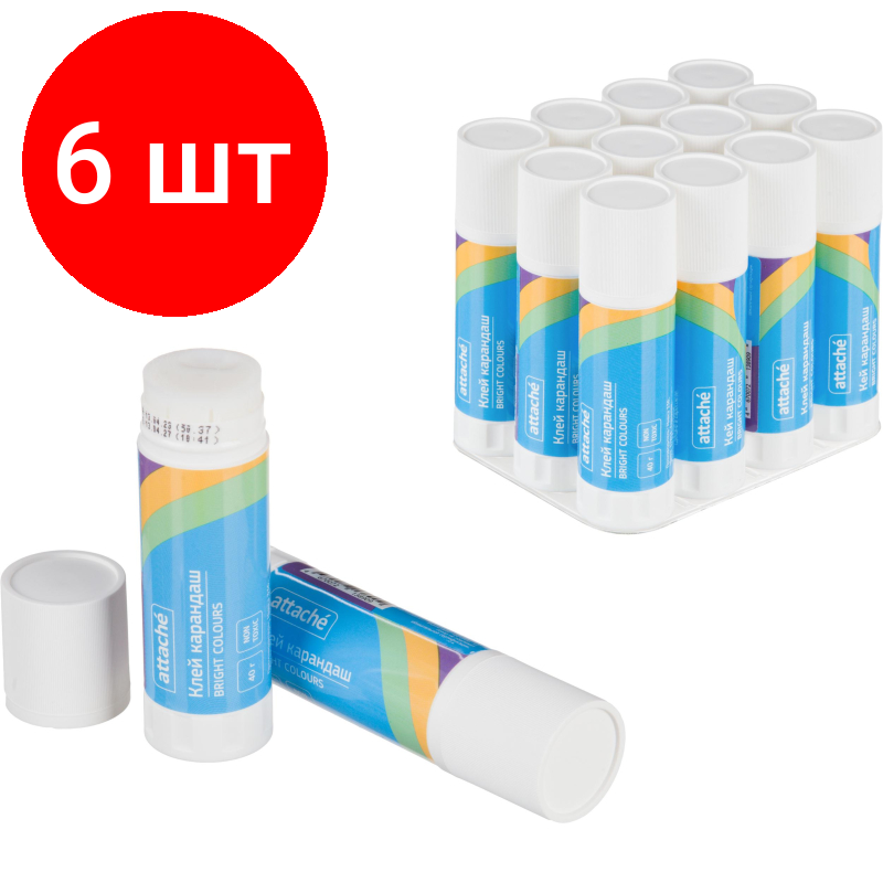 Комплект 6 штук, Клей-карандаш 40г Attache Bright colours, Чехия