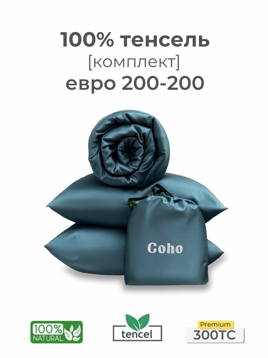 Комплект постельного белья, евро, 50x70, 200х200, тенсель, серо-голубой