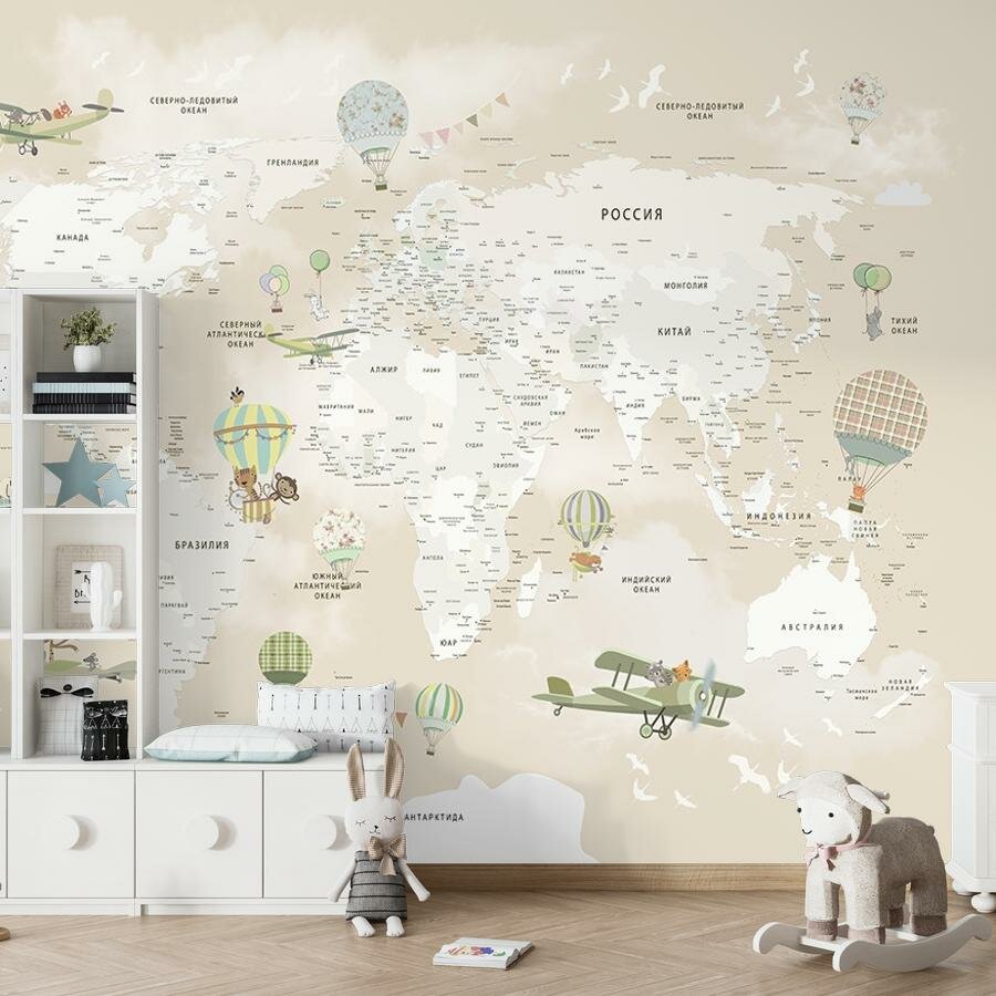 Фотообои Бежевая карта мира на русском 12-1671-L-Холст 270 x 400 см (ВхШ) Бесшовные, флизелиновые, влагостойкие обои MasterFresok