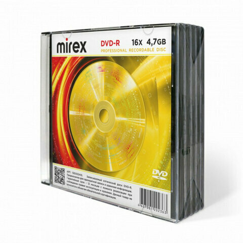 Диски DVD-R MIREX, 4.7 ГБ 16x Slim Case, комплект 5 шт, UL130003A1F