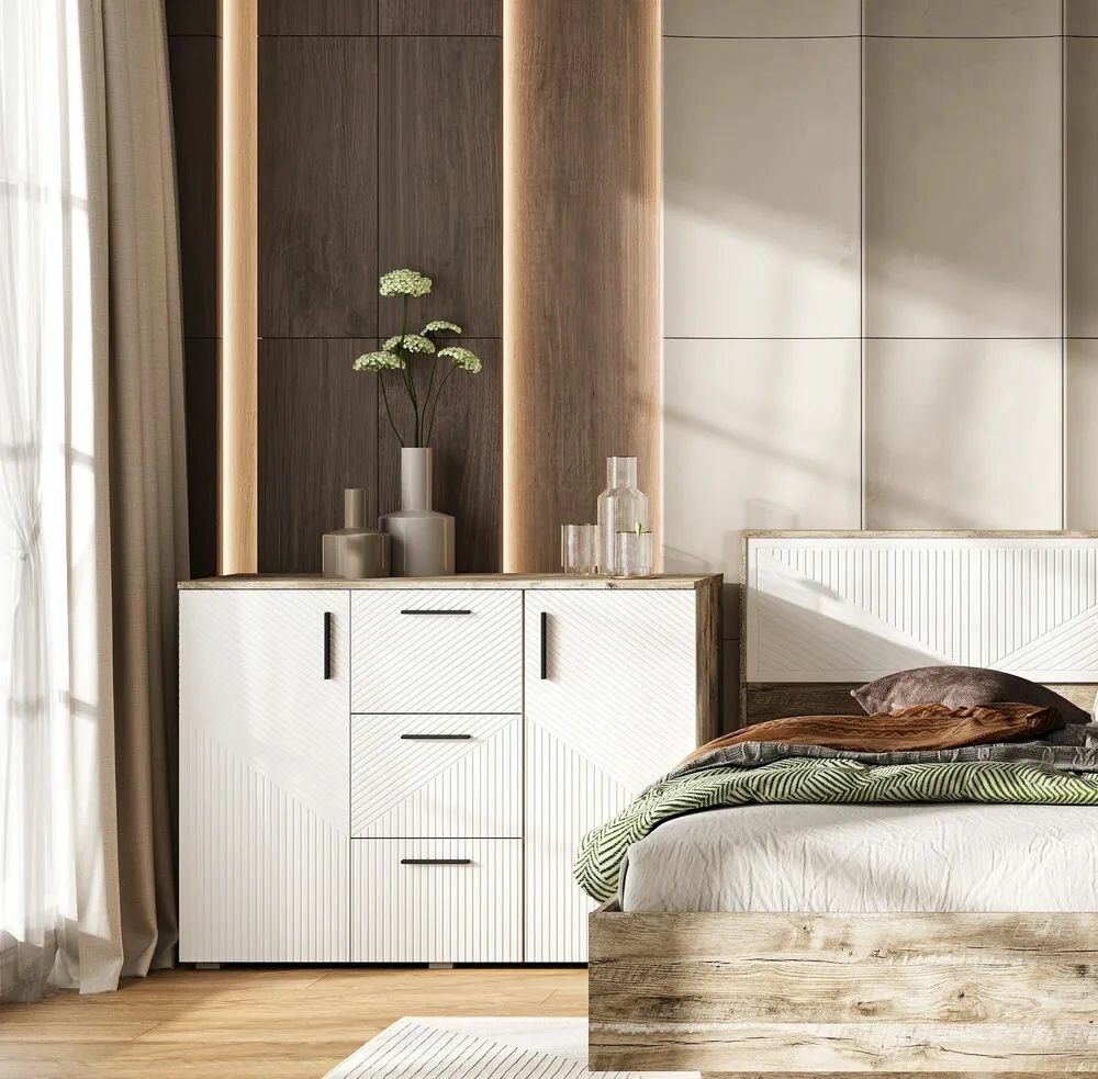 Комод Сильвия 3 ящика 2 двери 1200 Браш Вайт/Дуб Юкон