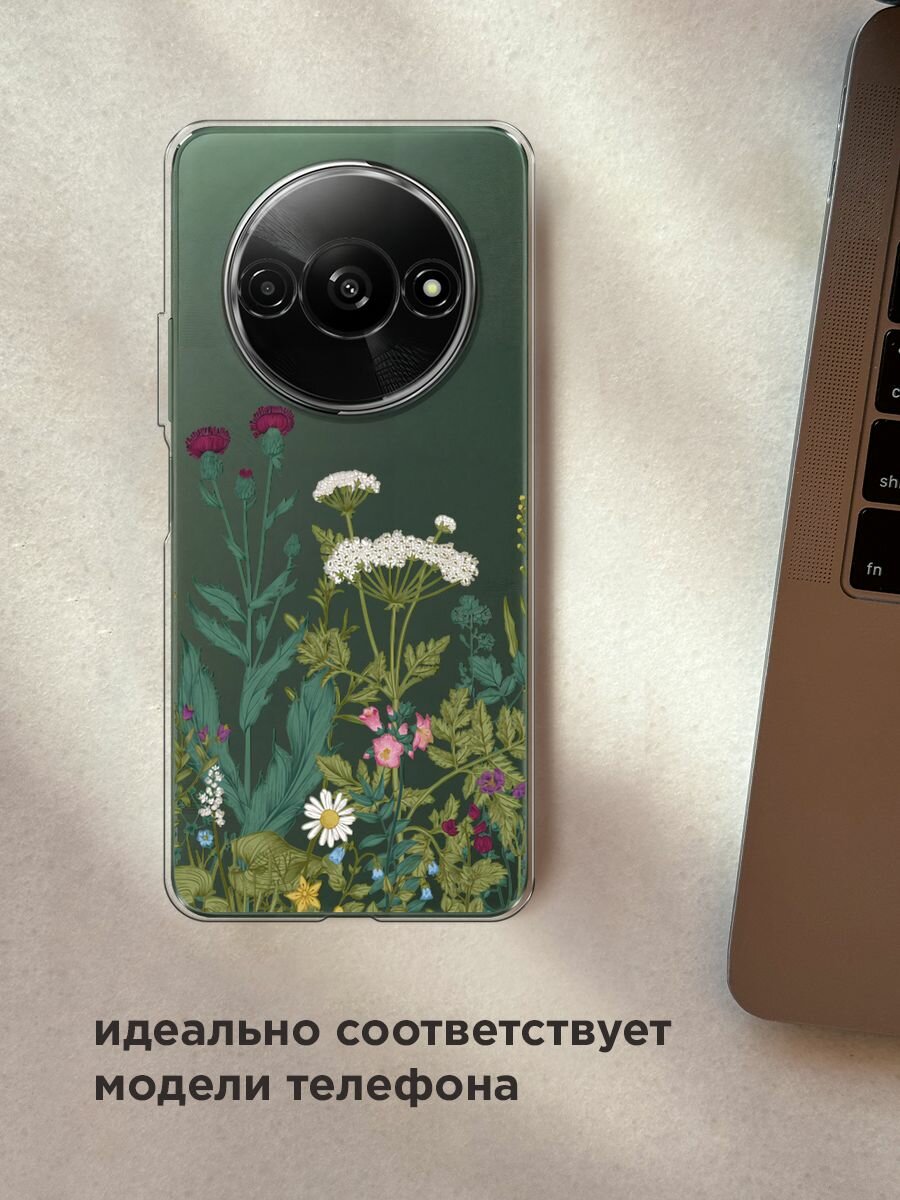 Чехол на Xiaomi Redmi A3/A3x/Poco C61 / Сяоми Редми А3/A3x/Поко С61 с принтом "Дикие полевые цветы", прозрачный — фото 1