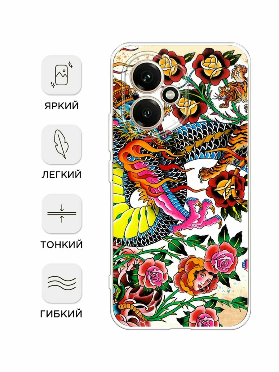 Силиконовый чехол на Honor 400 / Хонор 400 с принтом "Дракон в цветах" — фото 1