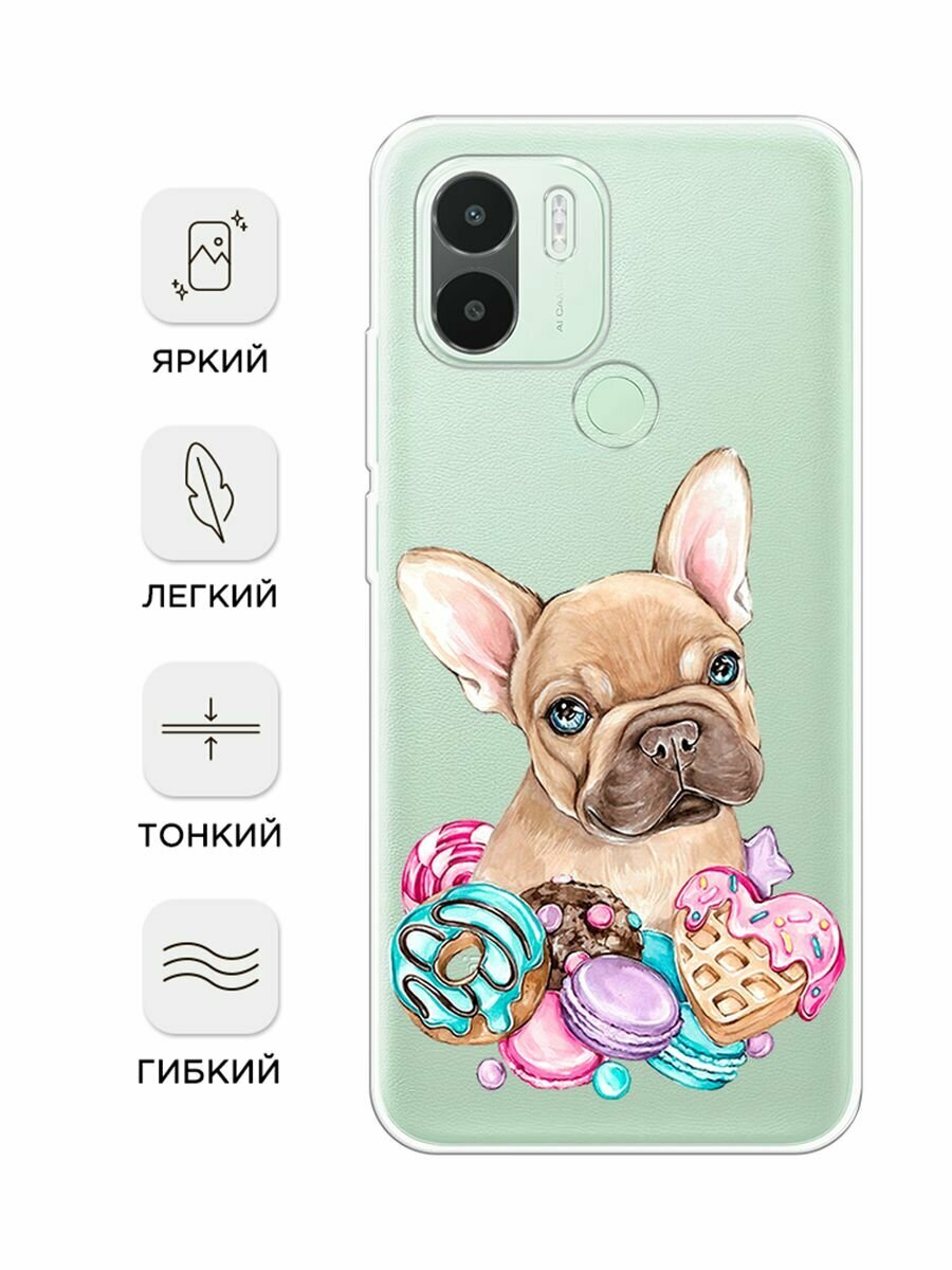 Чехол на Xiaomi Redmi A1+/Redmi A2+/Poco C51/C50 / Редми A1+ с принтом "Бульдог и сладости", прозрачный — фото 1