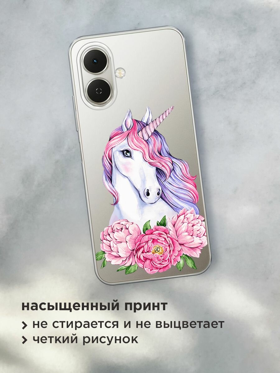 Чехол на Tecno Spark Go 2 / Текно Спарк Го 2 с принтом "Единорог с пионами", прозрачный — фото 1