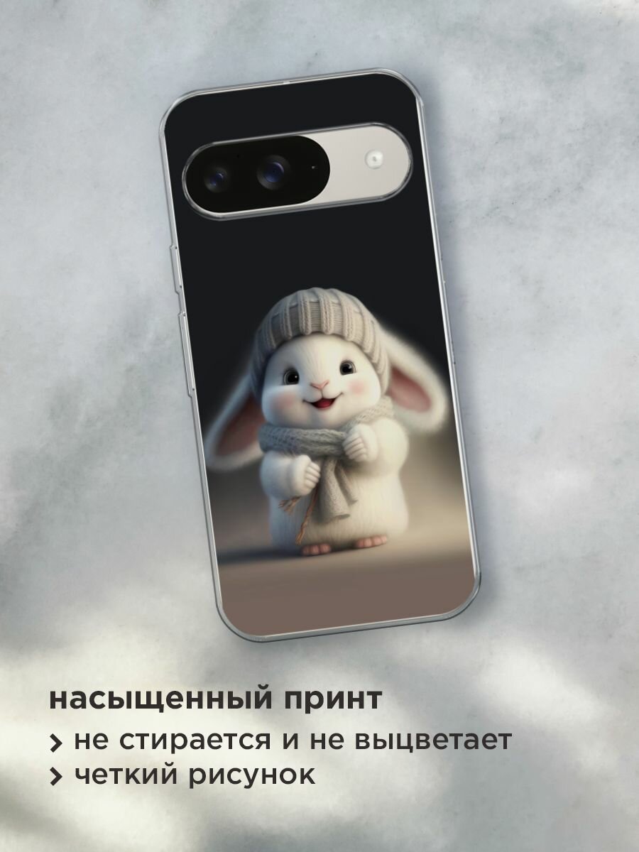Чехол на Google Pixel 9 / Гугл Пиксель 9 с принтом "Белый крольчонок в шапке" — фото 1