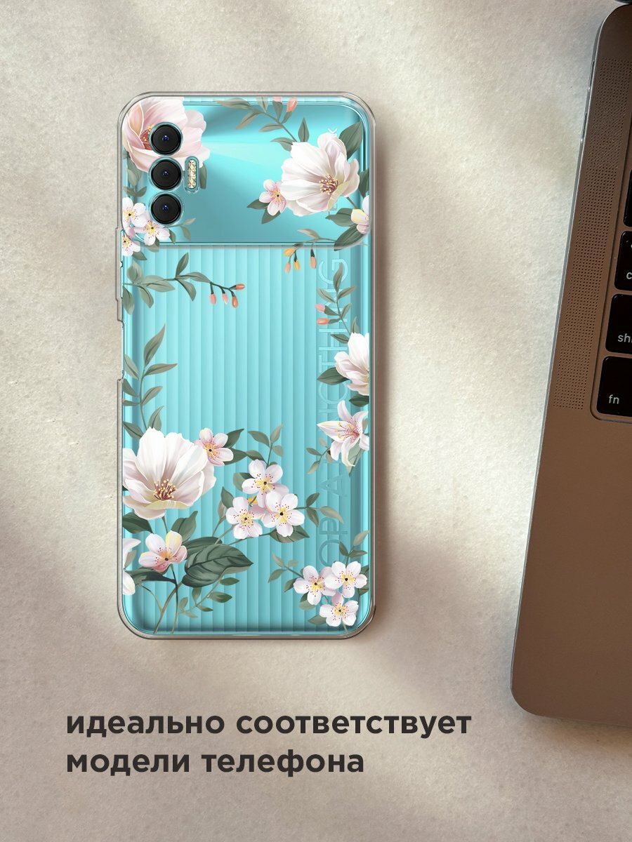 Чехол на Tecno Spark 8P / Техно Спарк 8P с принтом "Beautiful white flowers", прозрачный — фото 1