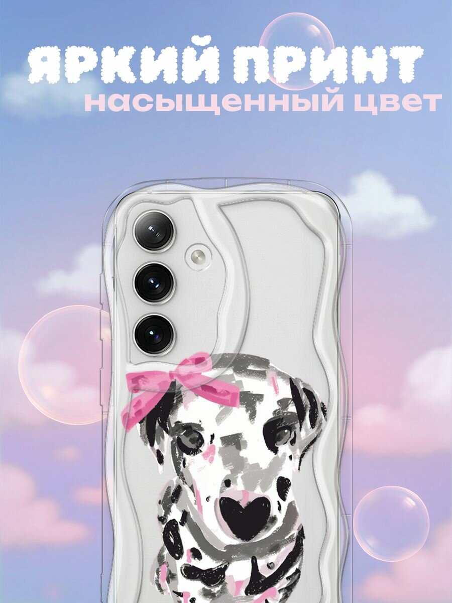 Чехол на Samsung Galaxy S24 / Самсунг S24 с принтом "Далматинец с бантиком 3" — фото 1