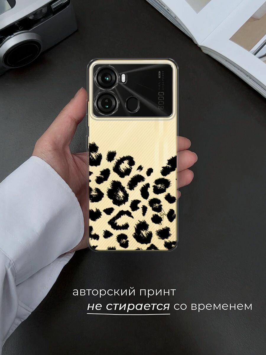 Чехол на Itel P40 / Ител P40 с принтом "Окрас леопарда фон черный", прозрачный — фото 1