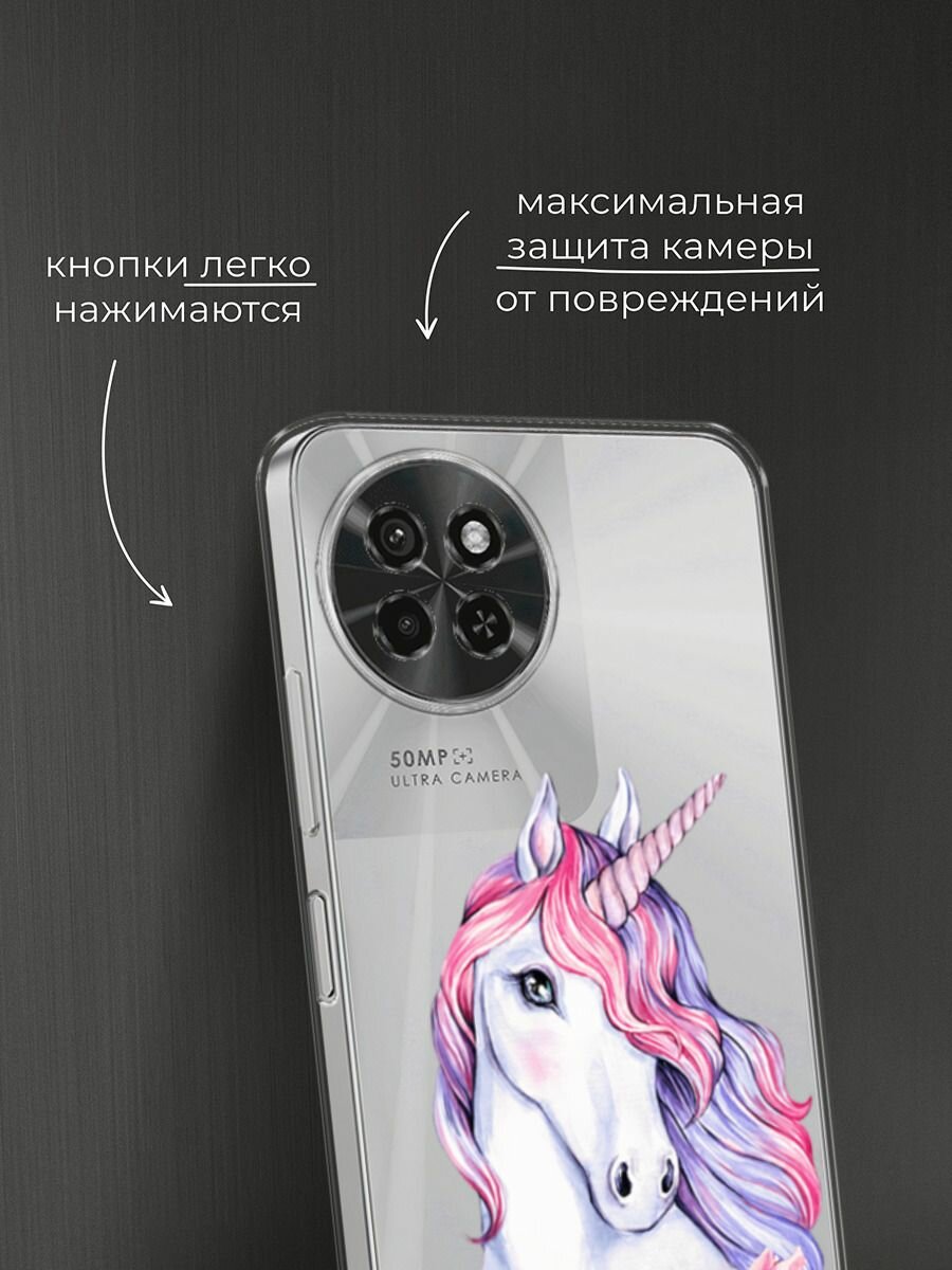 Чехол на Itel S23 / Ител S23 с принтом "Единорог с пионами", прозрачный — фото 1