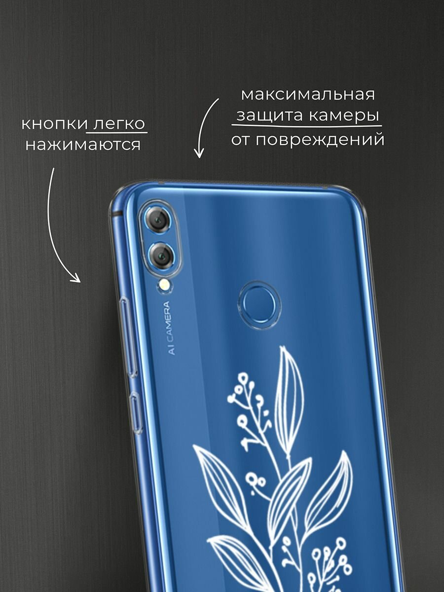 Чехол на Honor 8X / Хонор 8Х с принтом "Ветка с листочками и цветами", прозрачный — фото 1