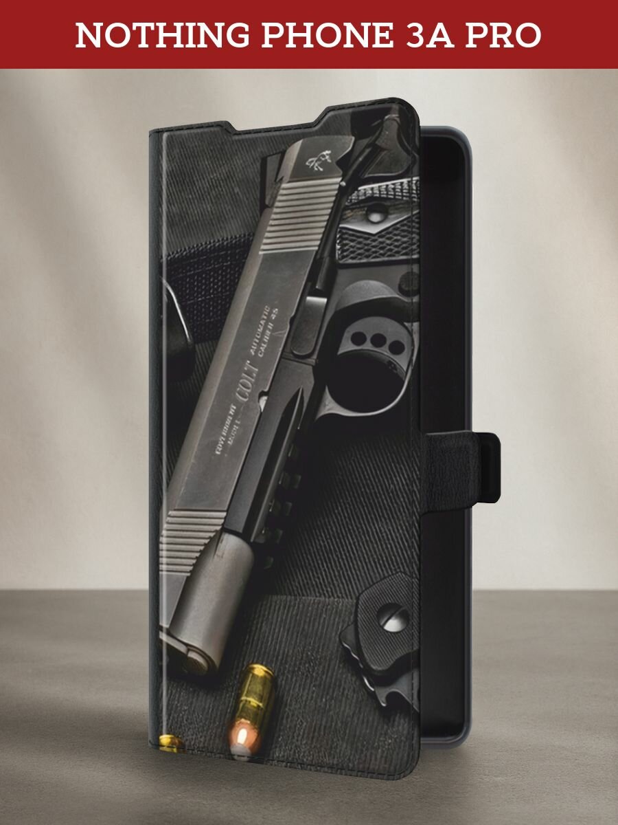 Чехол-книжка на Nothing Phone 3a Pro / Нотинг Фон 3а Про с рисунком "Черный пистолет"