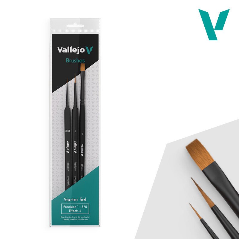 Кисти для моделирования New Vallejo Hobby Brushes Starter Set, набор кистей для миниатюр и хобби (круглая №1 и №3/0 с треугольной ручкой, плоская №4, синтетика)