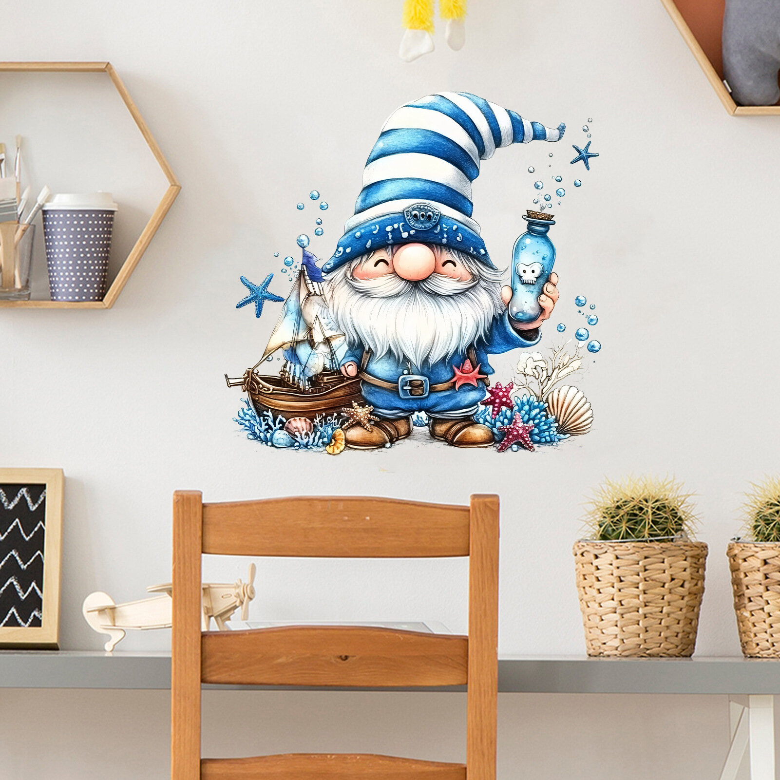 Наклейки на стену с изображением морского гнома, самоклеящиеся обои с морской тематикой из ПВХ, съемный декор с парусником и ракушками для детской комнаты, спальни, гостиной, ванной комнаты, 29x30 см