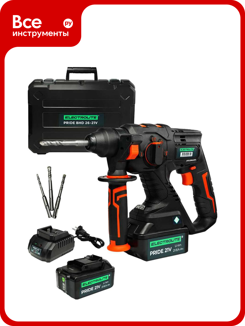 Аккумуляторный бесщеточный перфоратор Electrolite BHD 26 2 АКБ, 4 Ач, 2.6 Дж, кейс, оснастка 6148