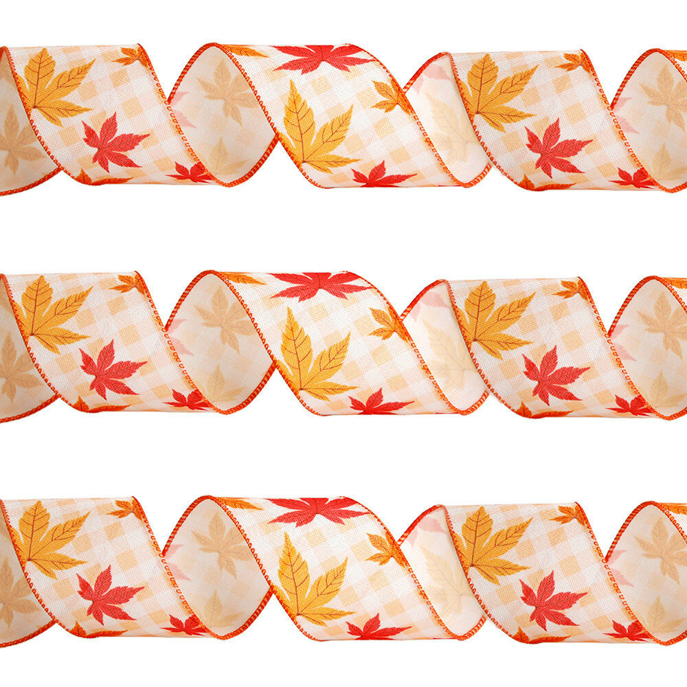 Лента festive pumpkin and maple leaf для праздничного декора, 6,5 см, 10 м, клетка клен