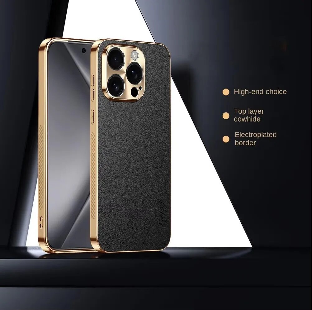 Чехол для iPhone 16 Pro Max, кожаный, черный