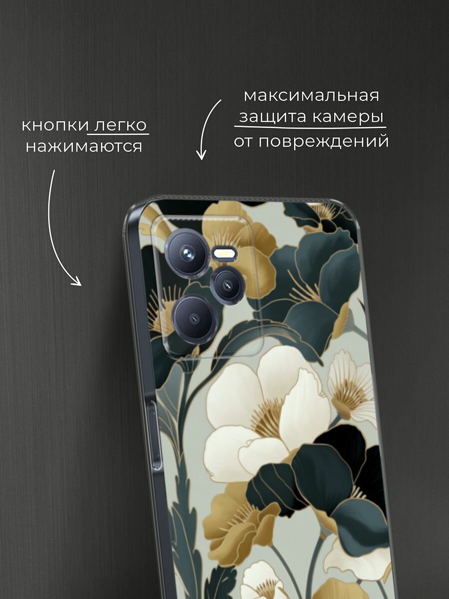 Чехол на Realme C35 / Реалми C35 с принтом Золотые и белые цветы — фото 1