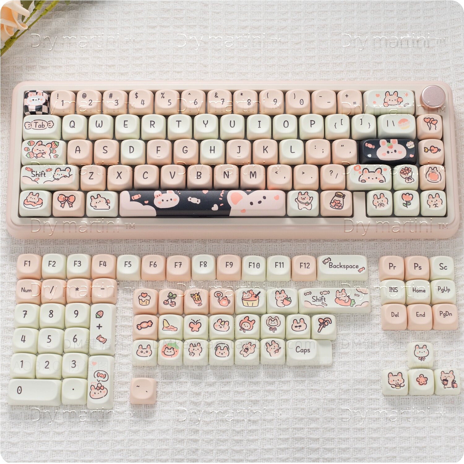 Клавиши для клавиатуры Black Powder Milk Candy Rabbit, милые шарообразные колпачки PBT, сублимационная печать, 68, 75,