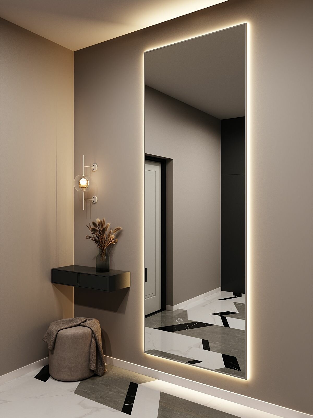 Зеркало настенное 240х90 см. серебро с подсветкой. Свет: Теплый белый 3000К. В алюминиевой раме интерьерное BLX MIRROR