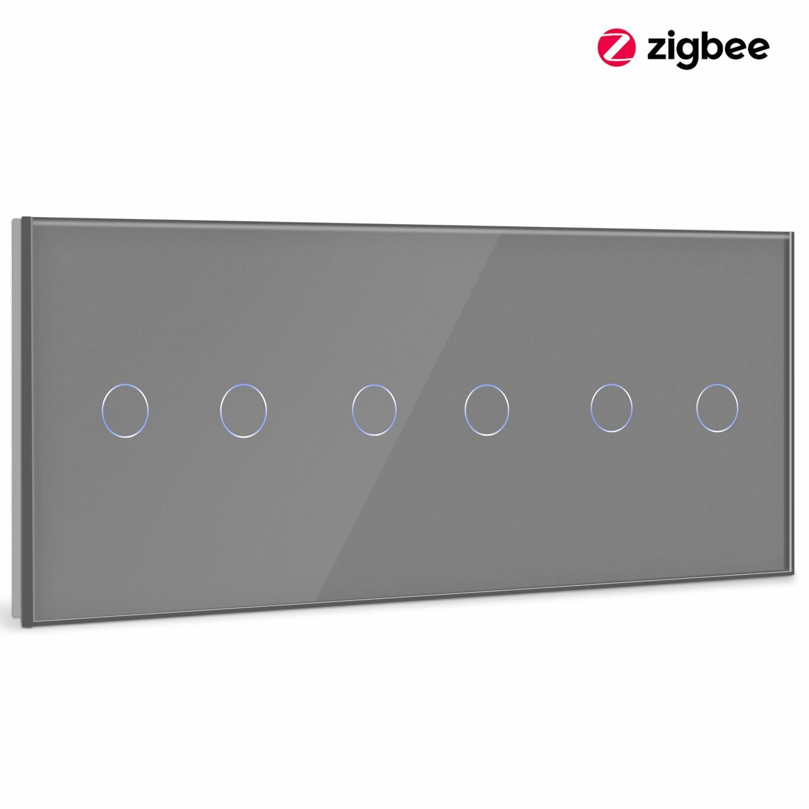 Сенсорный выключатель 6 клавиши, умный Zigbee выключатель, 3 поста (2+2+2) , голосовое управление, панель стекло Серая, 228mm