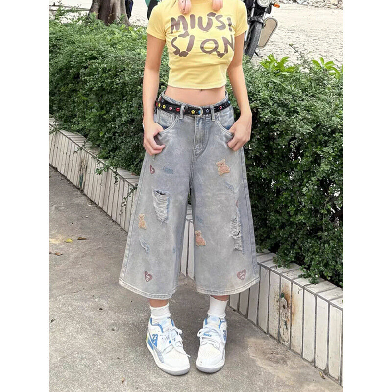 Тренд RONG CH Женские Джинсы Кроп Медведь Вышивка Летние Плюс Размер Деним, Размер_2XL