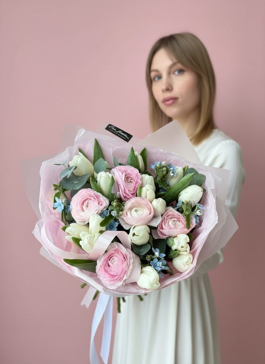 Ранункулюсы "Розовый букет", с тюльпанами, незабудками, 10 шт